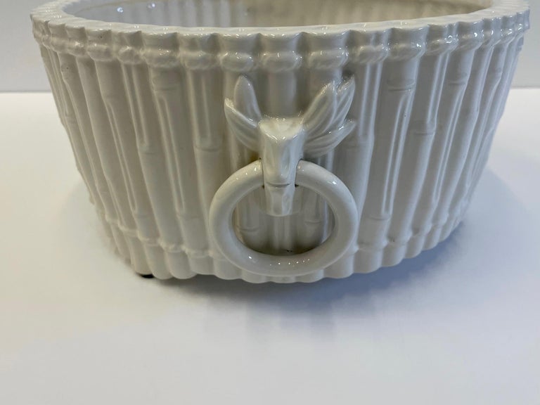 Vintage Italian Glazed Ceramic Faux Bamboo Planter with Ring Handles ...