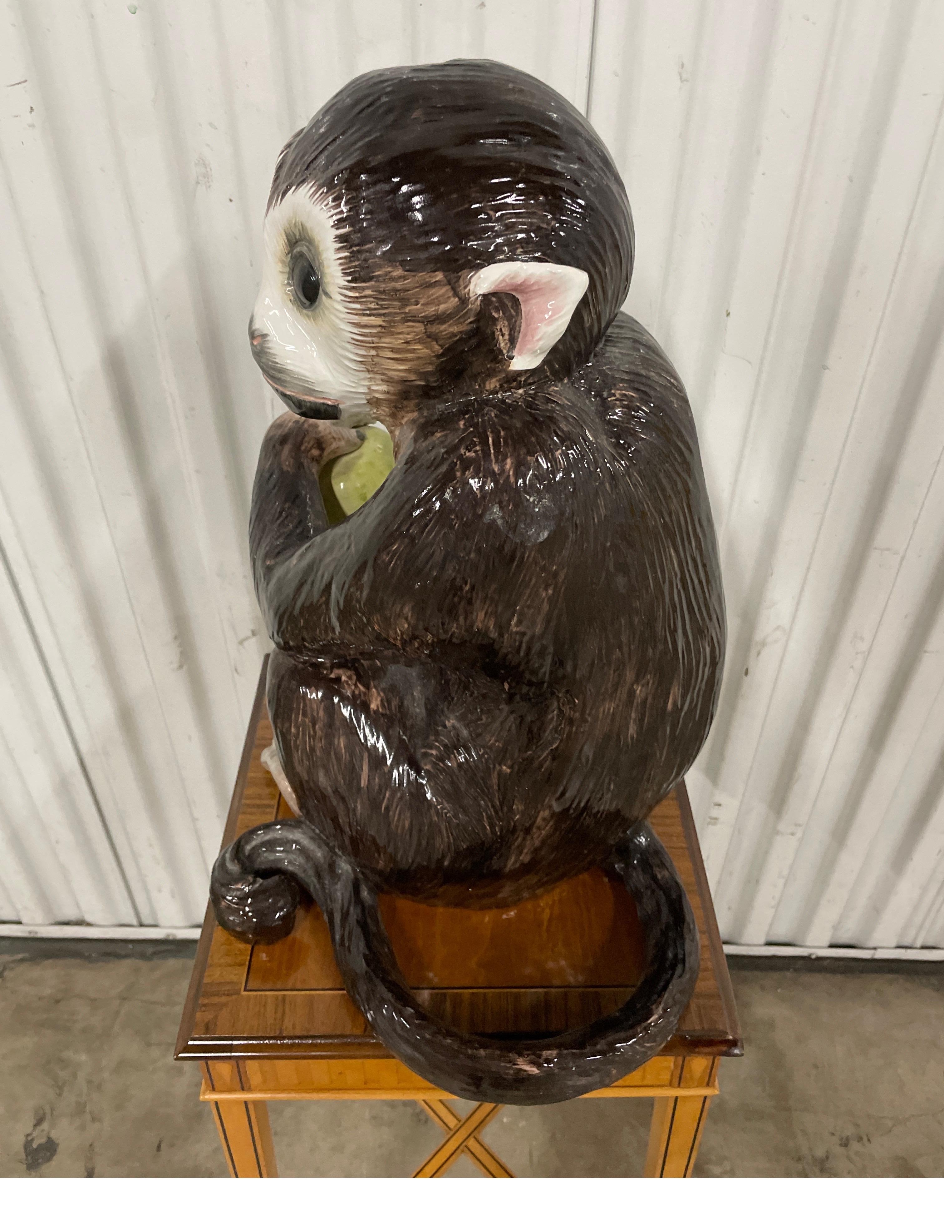 Vintage Italian Glazed Porcelain Seated Monkey For Sale at 1stDibs