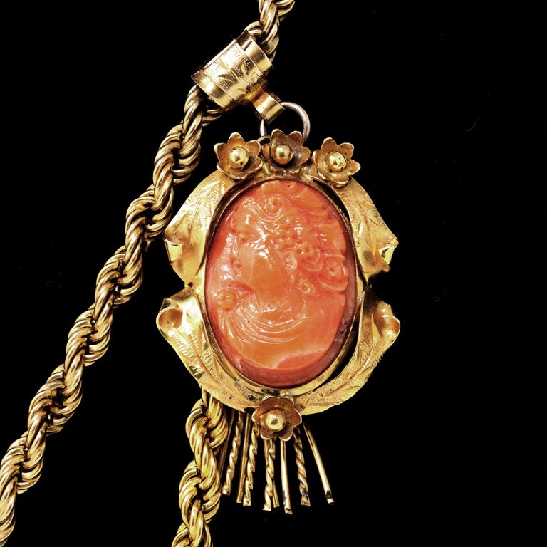 Vintage Italian Hand Carved Coral Cameo Necklace in 14k, Ca 1950 at 1stDibs