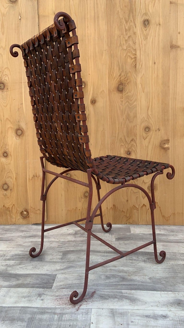 Vintage Italian Hand Forged Wrought Iron Woven Leather Side Chairs ...