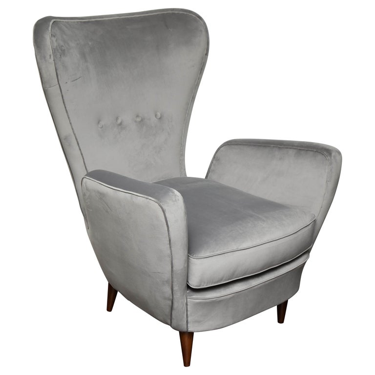 Vintage Italian High Back Chairs in Silver Velvet For Sale at 1stDibs