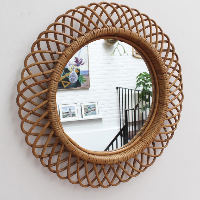 Vintage Italian Rattan Round Wall Mirror (circa 1960s) at 1stDibs