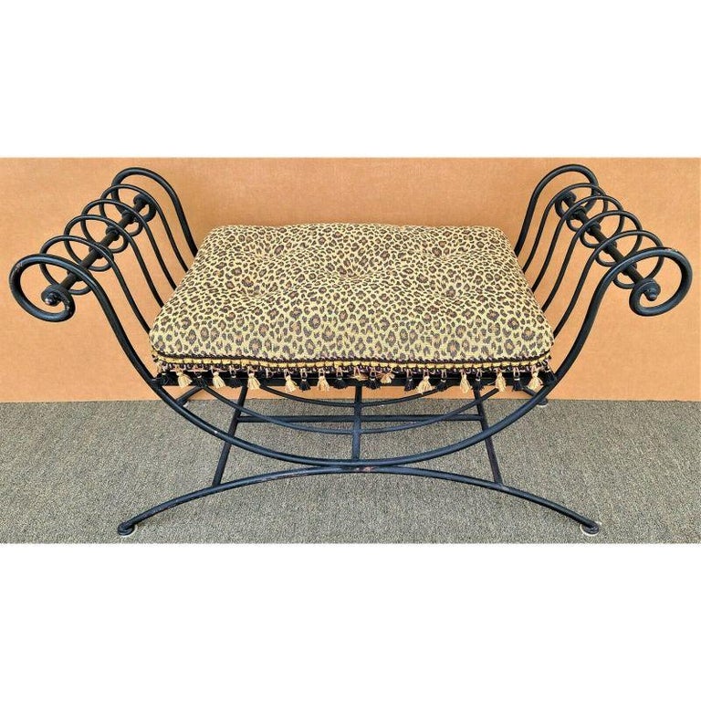 Vintage Italian Scrolled Wrought Iron Leopard Bench For Sale at 1stDibs