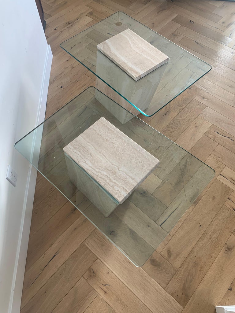Vintage Italian Slanted Travertine and Glass Side Tables, 1970s at 1stDibs