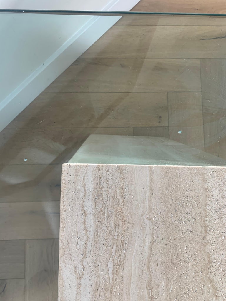 Vintage Italian Slanted Travertine and Glass Side Tables, 1970s at 1stDibs