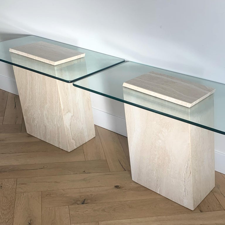 Vintage Italian Slanted Travertine and Glass Side Tables, 1970s at 1stDibs