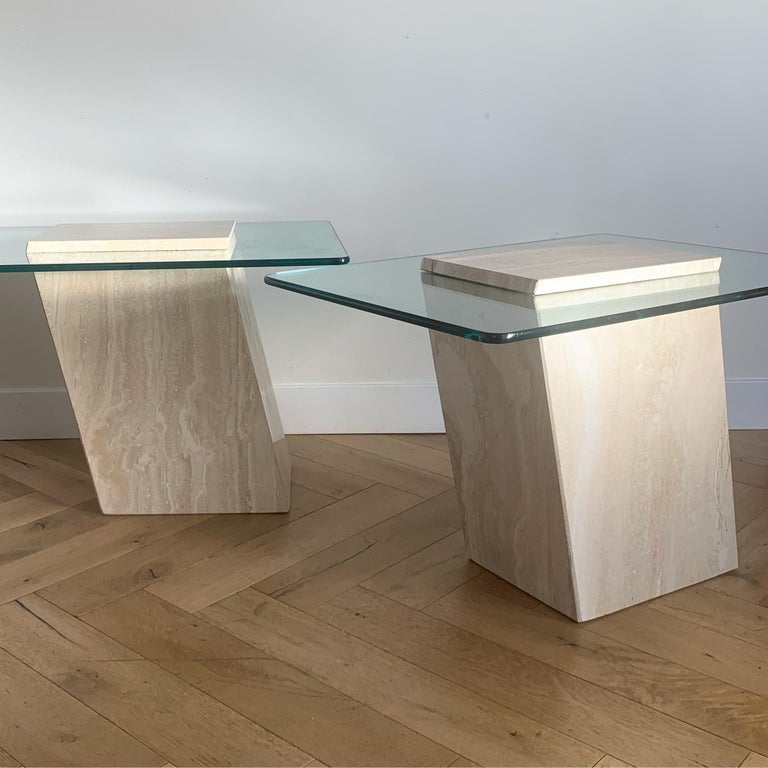 Vintage Italian Slanted Travertine and Glass Side Tables, 1970s at 1stDibs