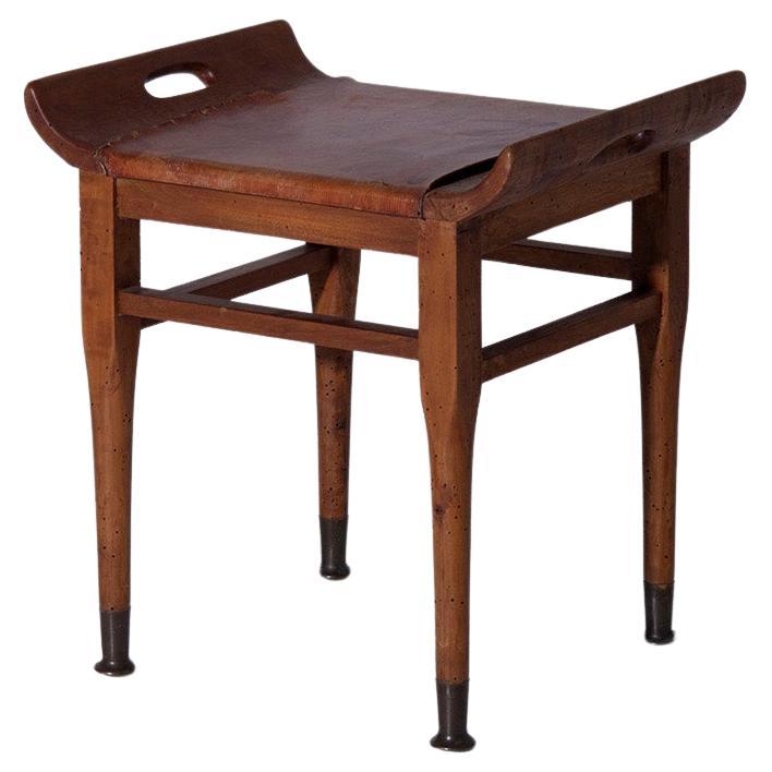 Vintage Italian Stool in Wood and Leather For Sale at 1stDibs