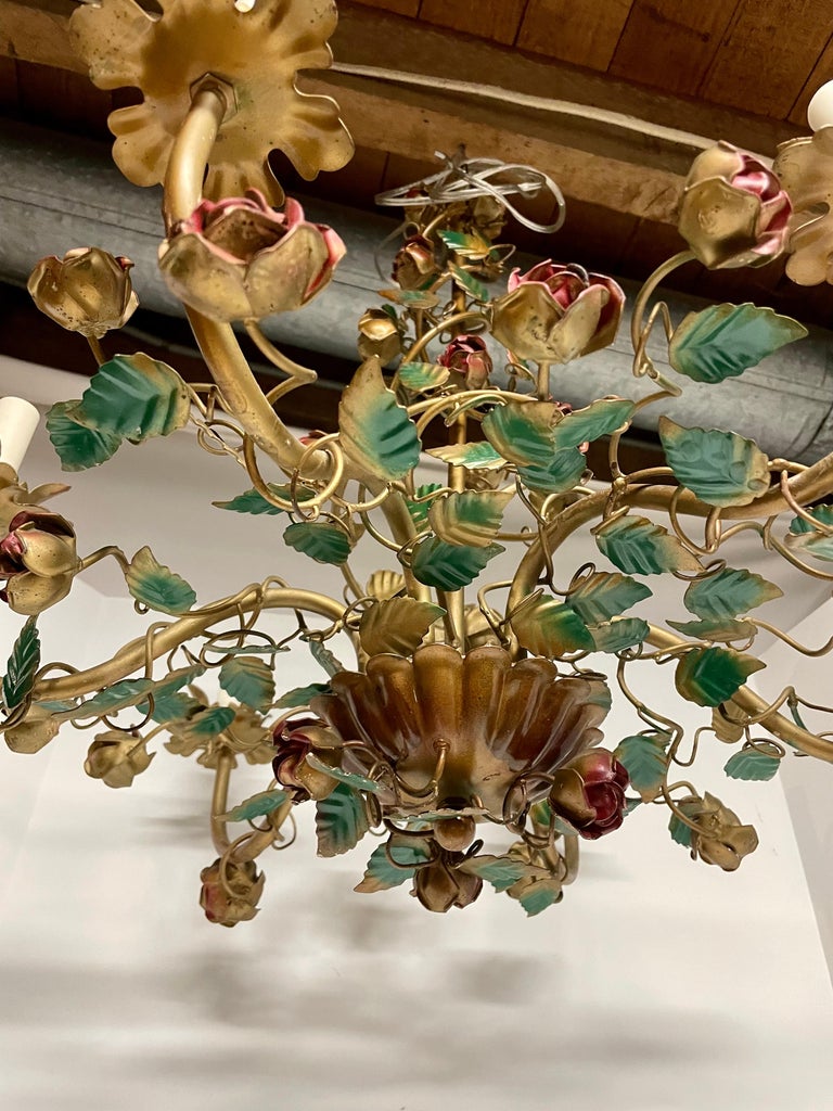 Vintage Italian Tole Floral Chandelier With Red Roses and Leaves For ...