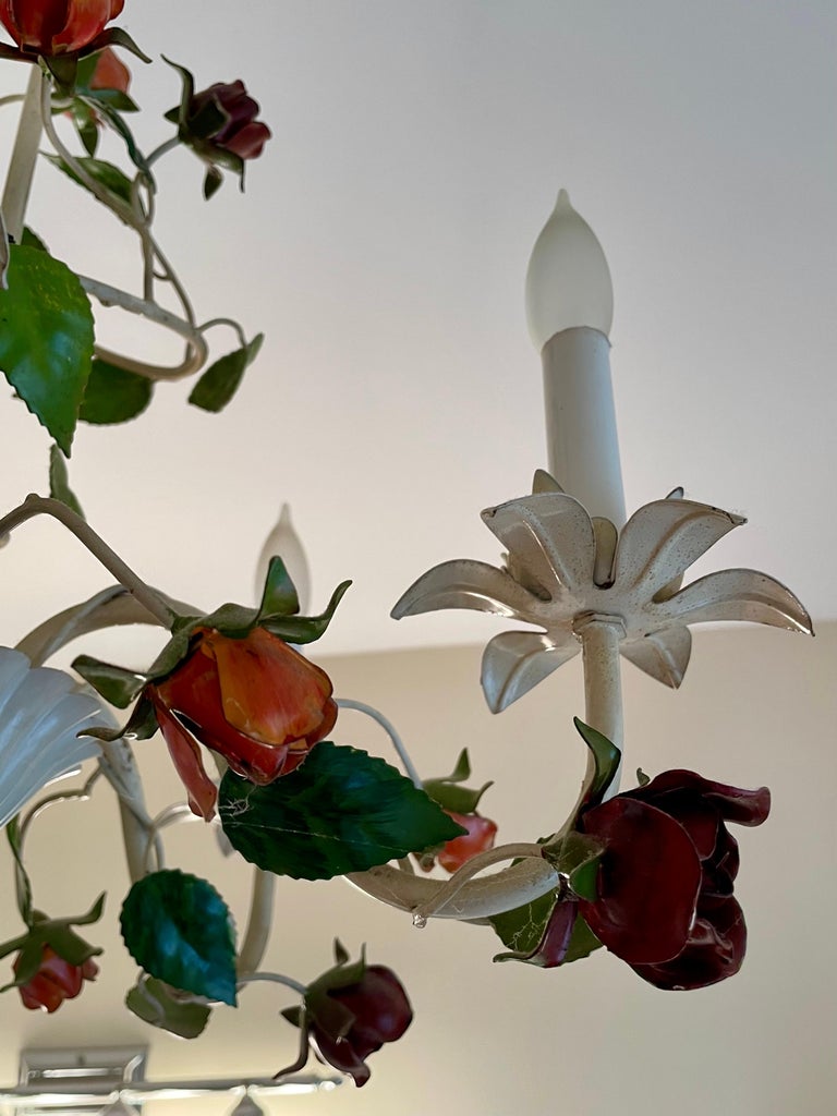 Vintage Italian Tole Floral Chandelier with Roses For Sale at 1stDibs