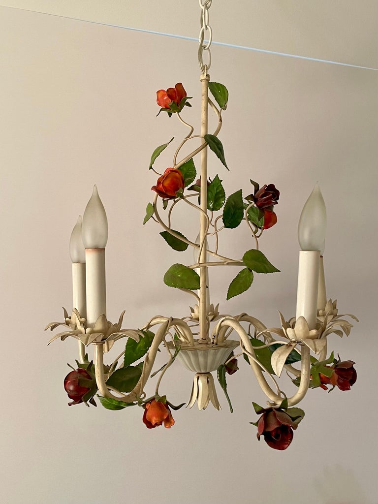 Vintage Italian Tole Floral Chandelier with Roses For Sale at 1stDibs