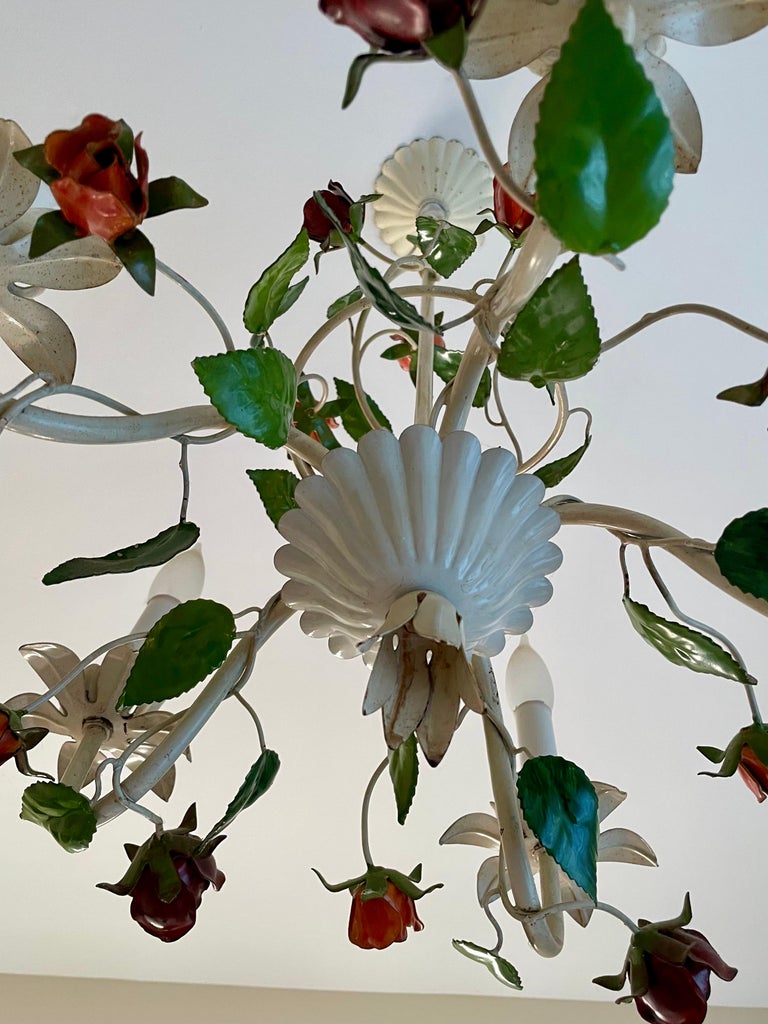Vintage Italian Tole Floral Chandelier with Roses For Sale at 1stDibs