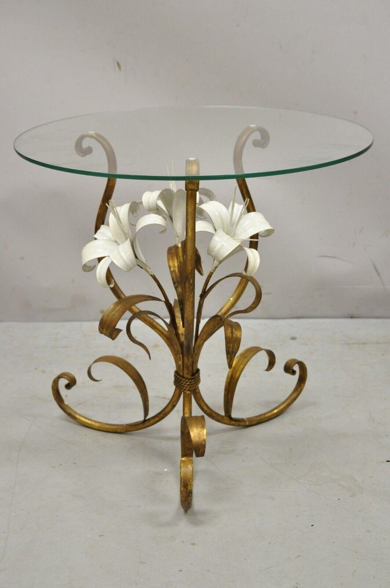 Vintage Italian Tole Metal Gold Gilt White Flower Round Glass Top Side ...