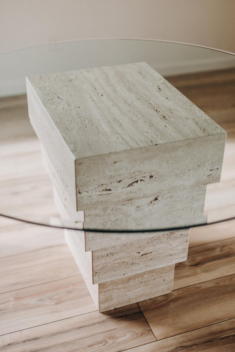 Vintage Italian Travertine Marble Stepped Pedestal Round Dining Table ...