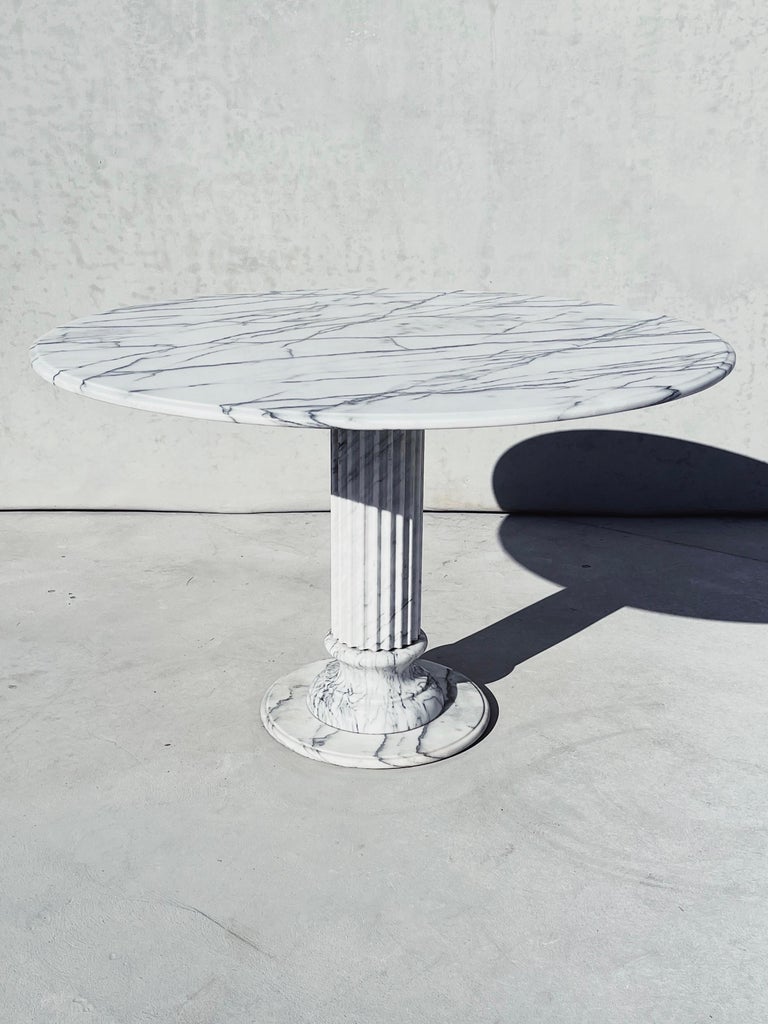 Vintage Italian White Marble Round Dining Table with Fluted Column Base ...