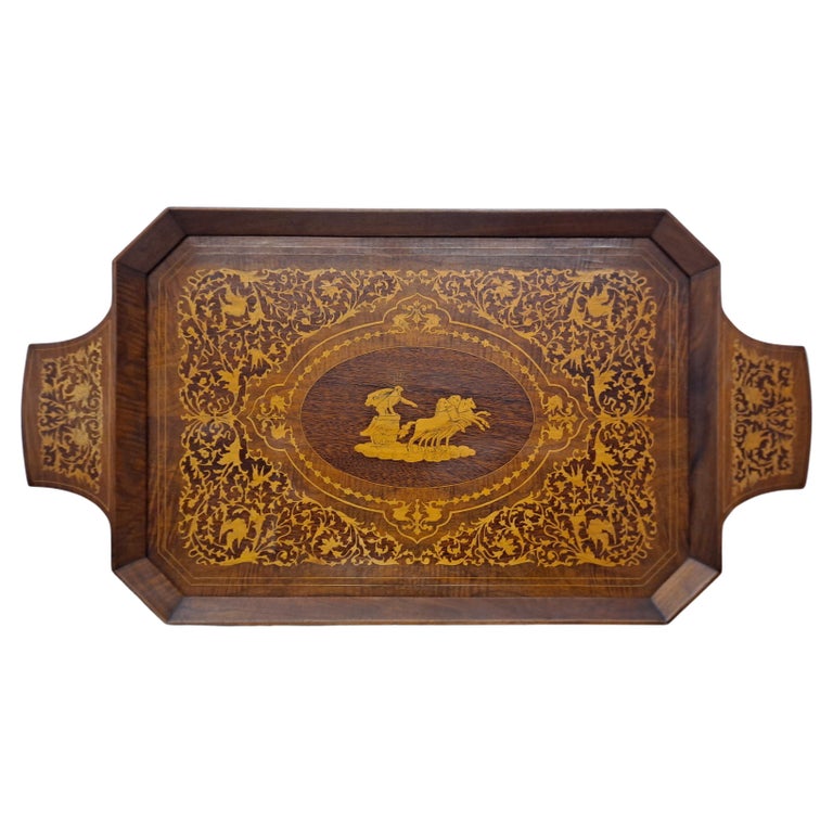 Vintage Italian Wood Inlay Tray w/Music box For Sale at 1stDibs