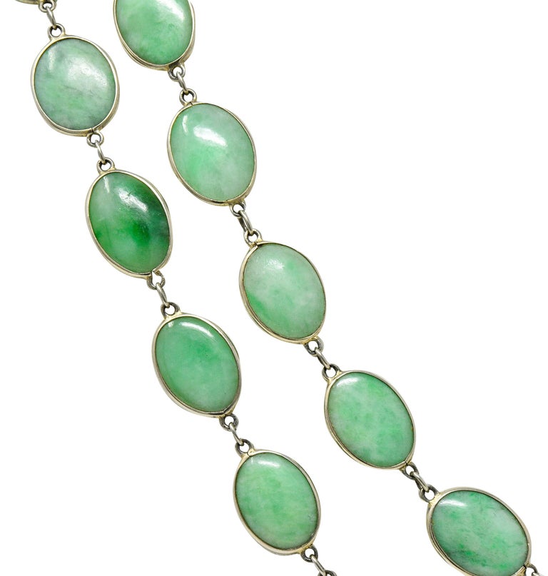 Vintage Jade Cabochon 18 Karat White Gold Long Chain Necklace at 1stDibs
