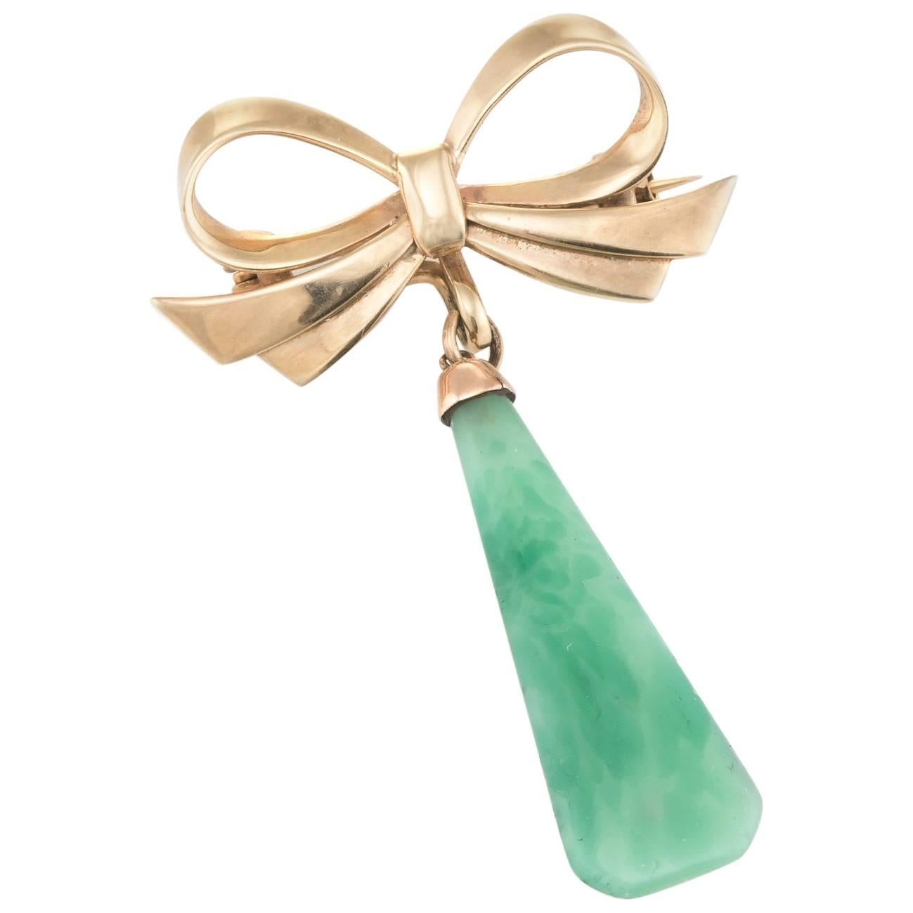 Vintage Jade Drop Brooch Pin Bow Design 9 Karat Yellow Gold at 1stDibs