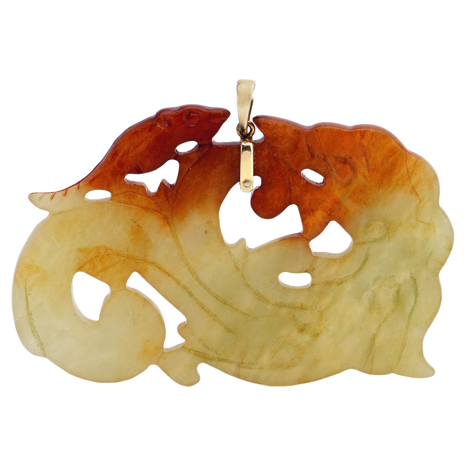Jade Buda Pendant in 14 Karat Yellow Gold, Rare Jadeite Jade Carved ...