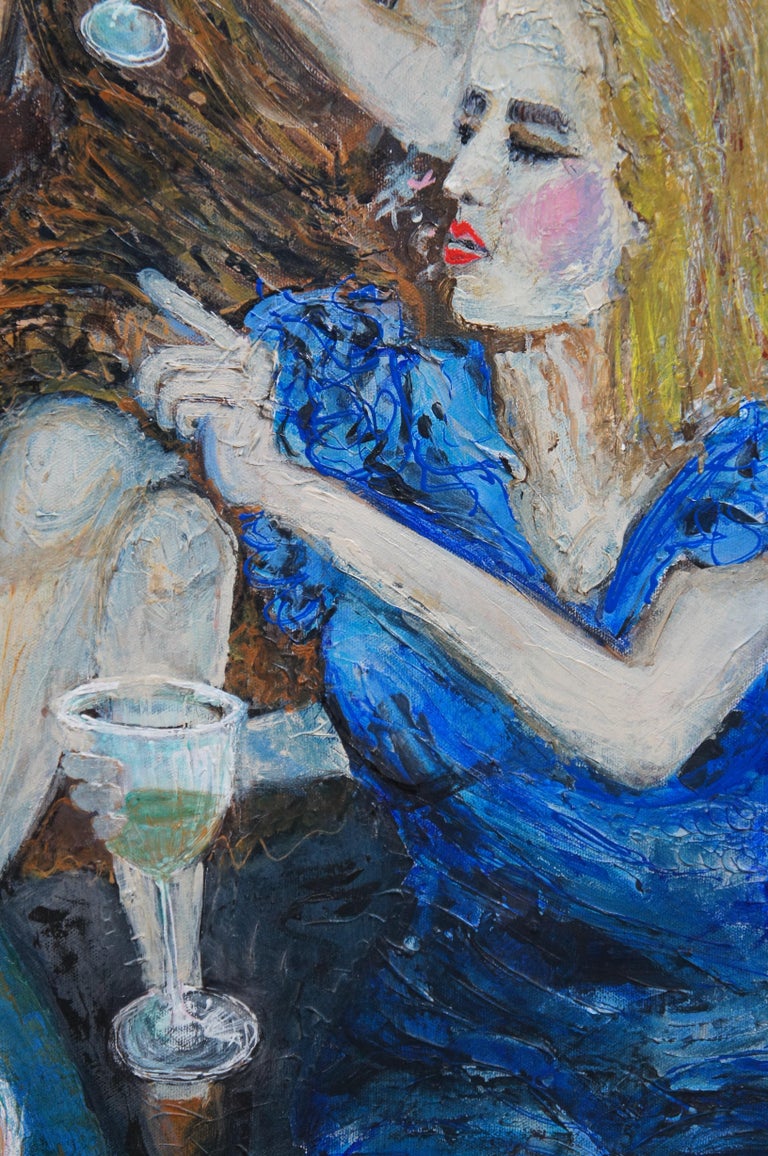 Vintage Jan Frazee Expressionist Canvas Oil Painting Dinner Tea Party w ...