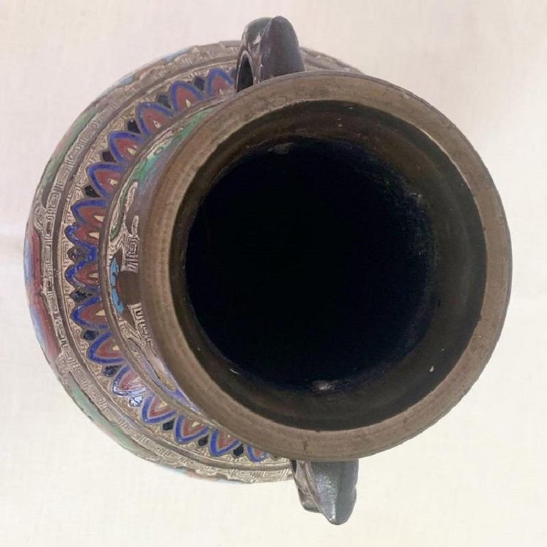 Vintage Japanese Brass Enamel Vase with Bird Handles For Sale at 1stDibs