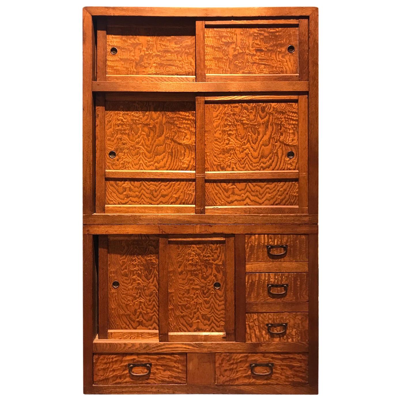 Vintage Japanese Figured Keyaki Wood Tansu Cabinet For Sale at 1stDibs