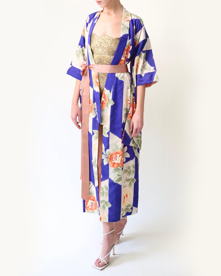 Vintage Japanese hand made blue floral rose silk over coat maxi robe ...