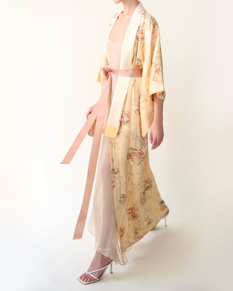 Vintage Japanese hand made peach floral silk over coat maxi robe gown ...