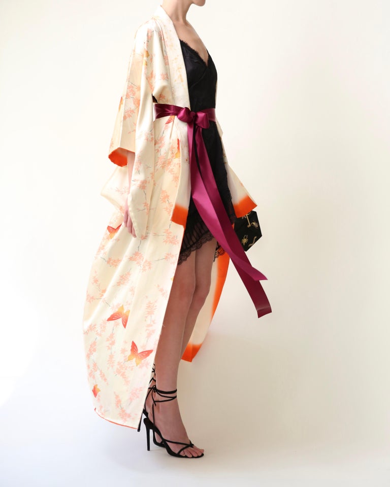 Vintage Japanese hand made silk butterfly floral print robe coat maxi ...