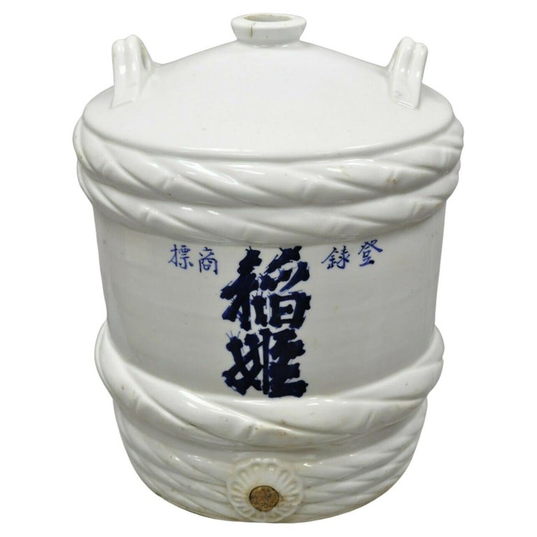 Vintage Japanese Large Stoneware Sake Barrel Sake Jug Cask 'A' at 1stDibs