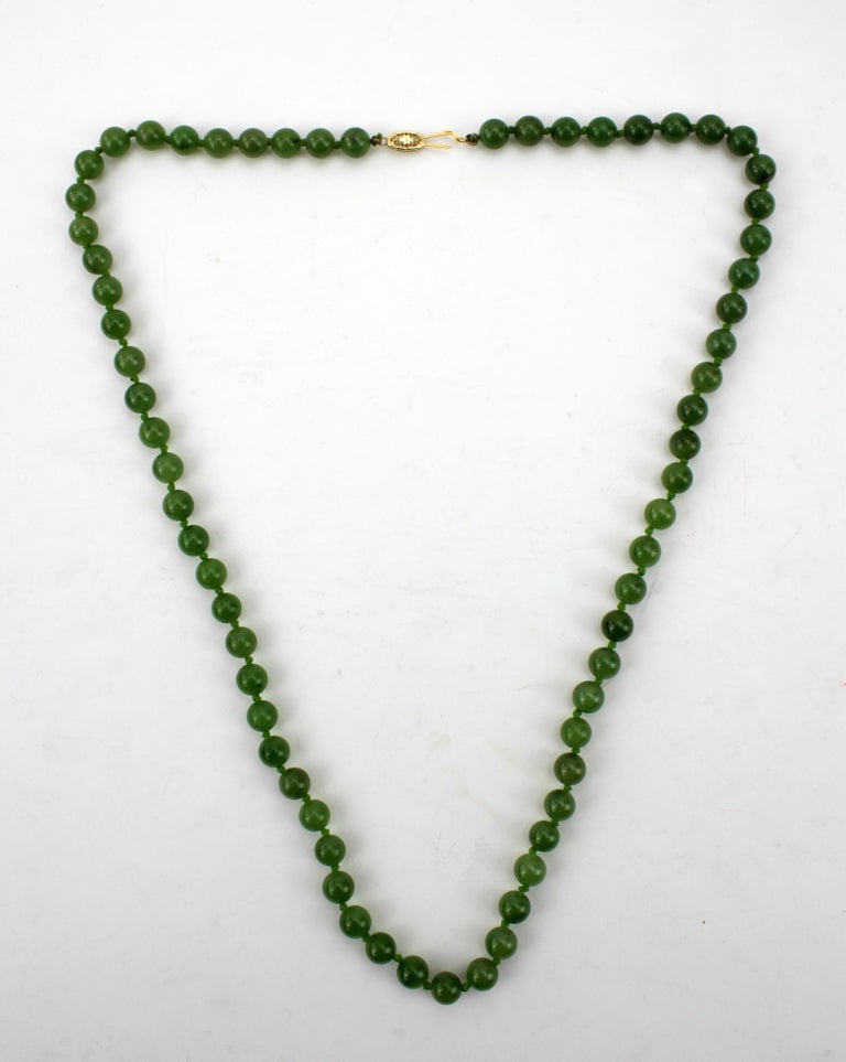 Vintage Japanese Natural Jade Bead Necklace with 14 Karat Gold Clasp at ...