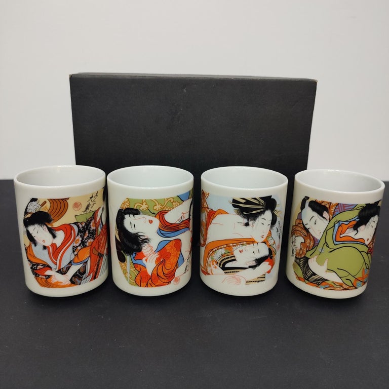 Vintage Japanese Set of 4 Sake Ceramic Cups Erotic Scenes For Sale at 1stDibs