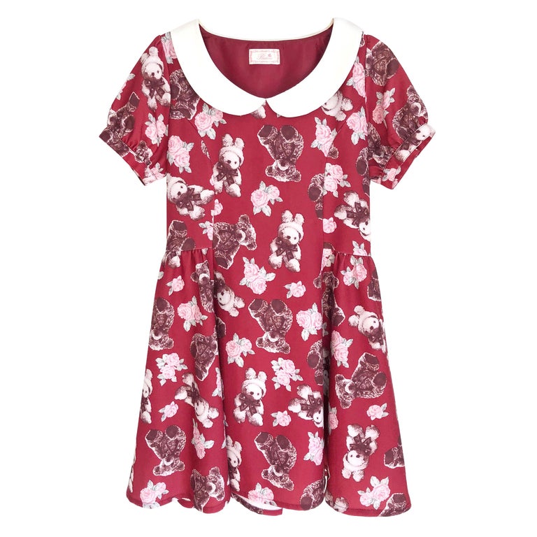 Vintage Japanese Teddy Bear Red Dress with Peter Pan Collar For Sale at ...