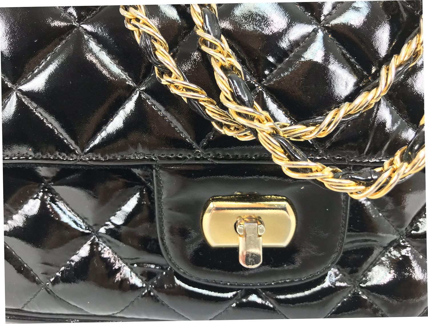 Vintage Jay Herbert quilted flap black patent leather chain handbag ...