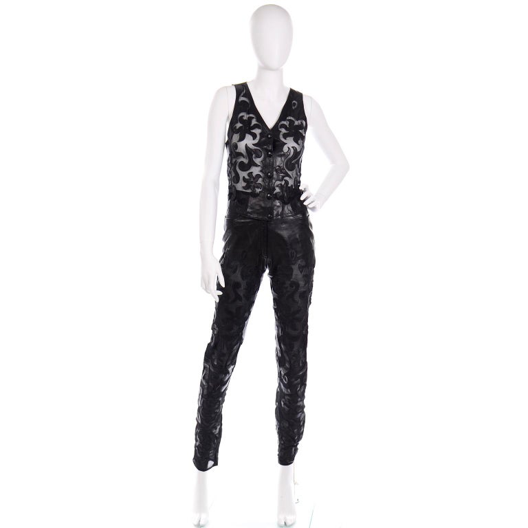Vintage Jean Claude Jitrois Black Leather Pants And Vest Sheer Silk