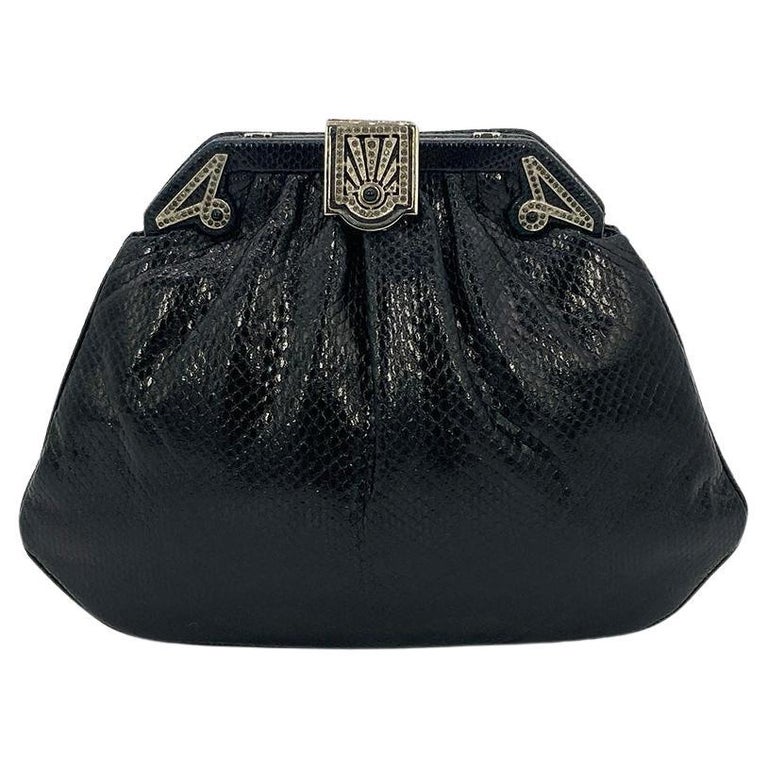 Judith Leiber Black Lizard Art Deco Crystal Top Clutch For Sale at 1stDibs