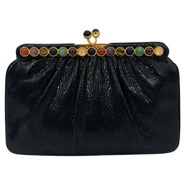 Judith Leiber Black Lizard Round Gemstone Top Clutch For Sale at 1stDibs