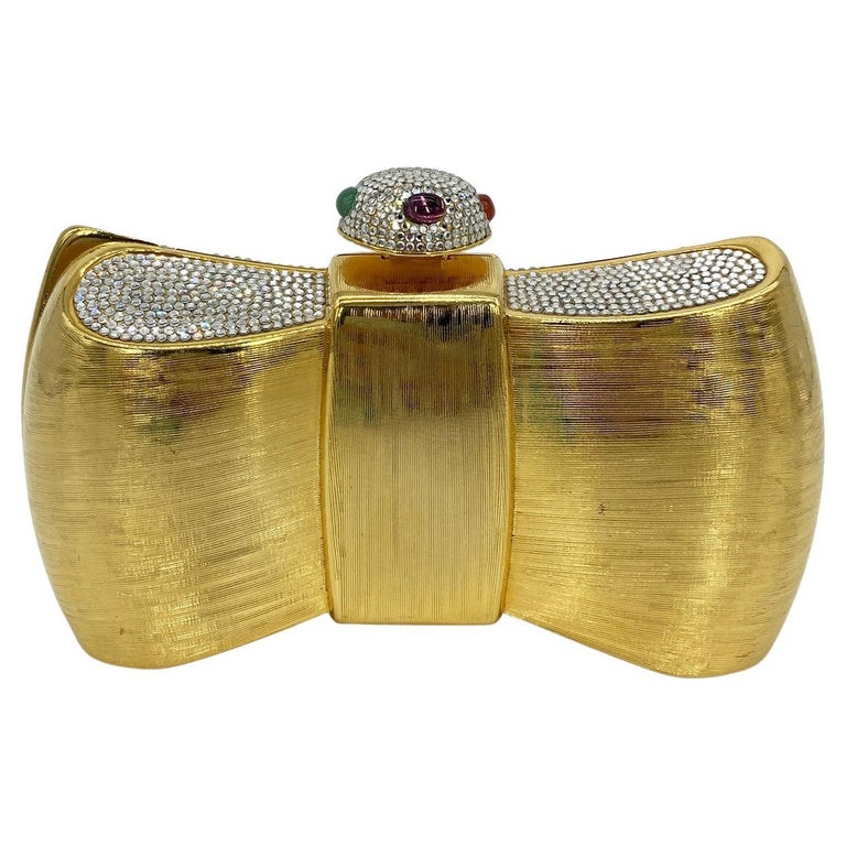 Vintage Judith Leiber Gold Bow Crystal Minaudiere Evening Bag at 1stDibs