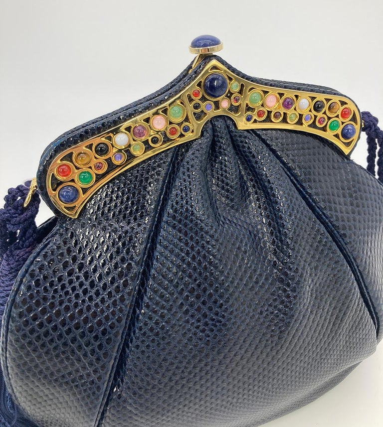Judith Leiber Navy Lizard Gemstone Top Shoulder Bag For Sale at 1stDibs