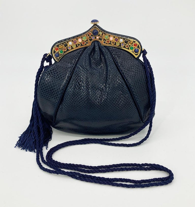 Judith Leiber Navy Lizard Gemstone Top Shoulder Bag For Sale at 1stDibs