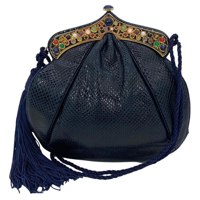 Judith Leiber Navy Lizard Gemstone Top Shoulder Bag For Sale at 1stDibs