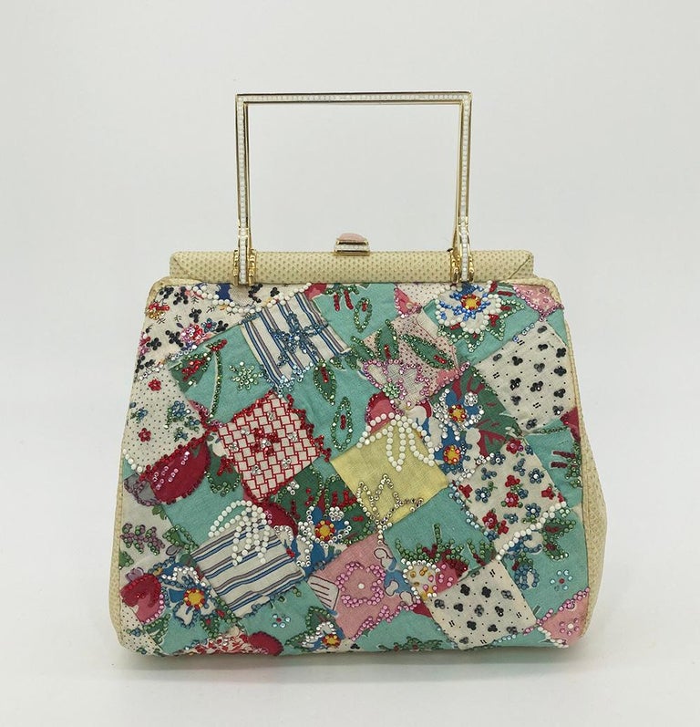 Vintage Judith Leiber Patchwork Quilt Cotton Swarovski Crystal Clutch ...