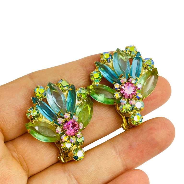 Vintage JULIANA DeLIZZA ELSTER gold navette glass designer clip on ...