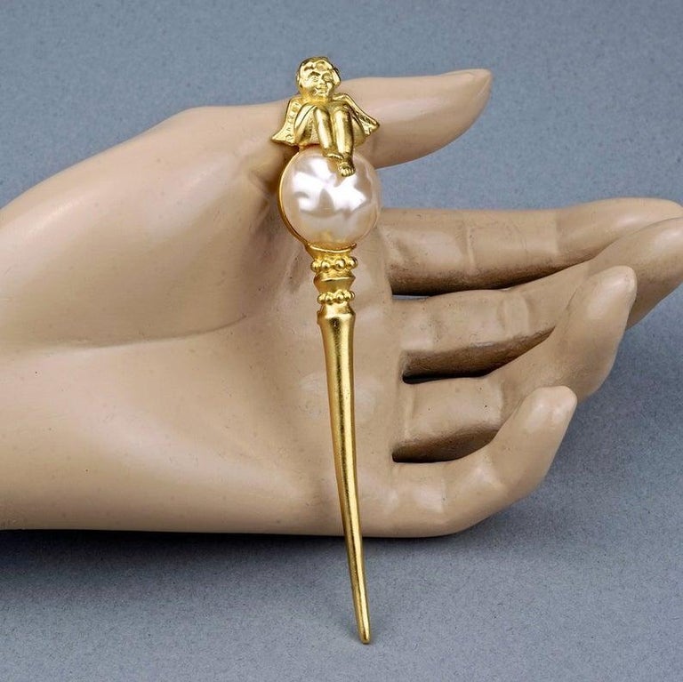 Vintage KARL LAGERFELD Angel Pearl Long Sceptre Brooch For Sale at 1stDibs