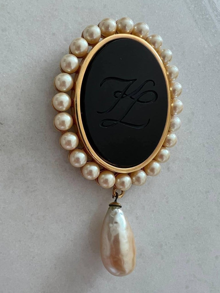 Vintage Karl Lagerfeld Black Glass and Faux Pearls KL Logo Brooch ...