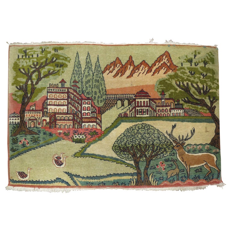 Vintage Kashan Pictorial Landscape Scenery Rug For Sale at 1stDibs
