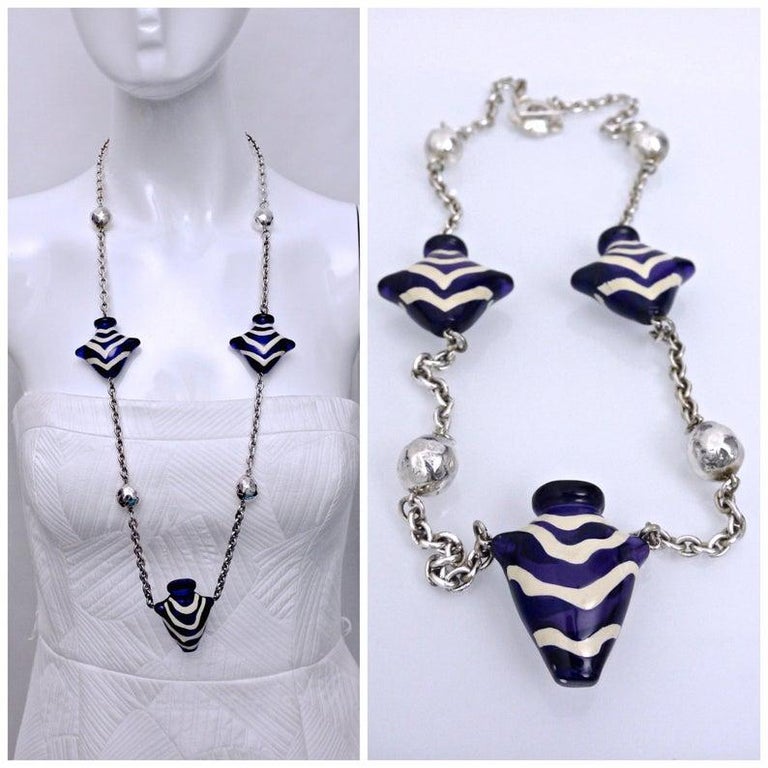Vintage KENZO Glass Zebra Jar Long Necklace For Sale at 1stDibs