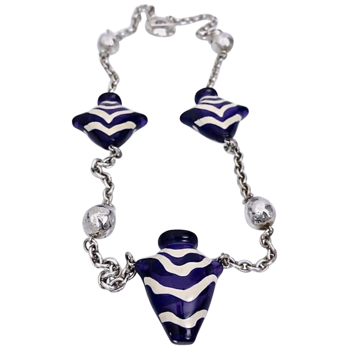 Vintage KENZO Glass Zebra Jar Long Necklace For Sale at 1stDibs