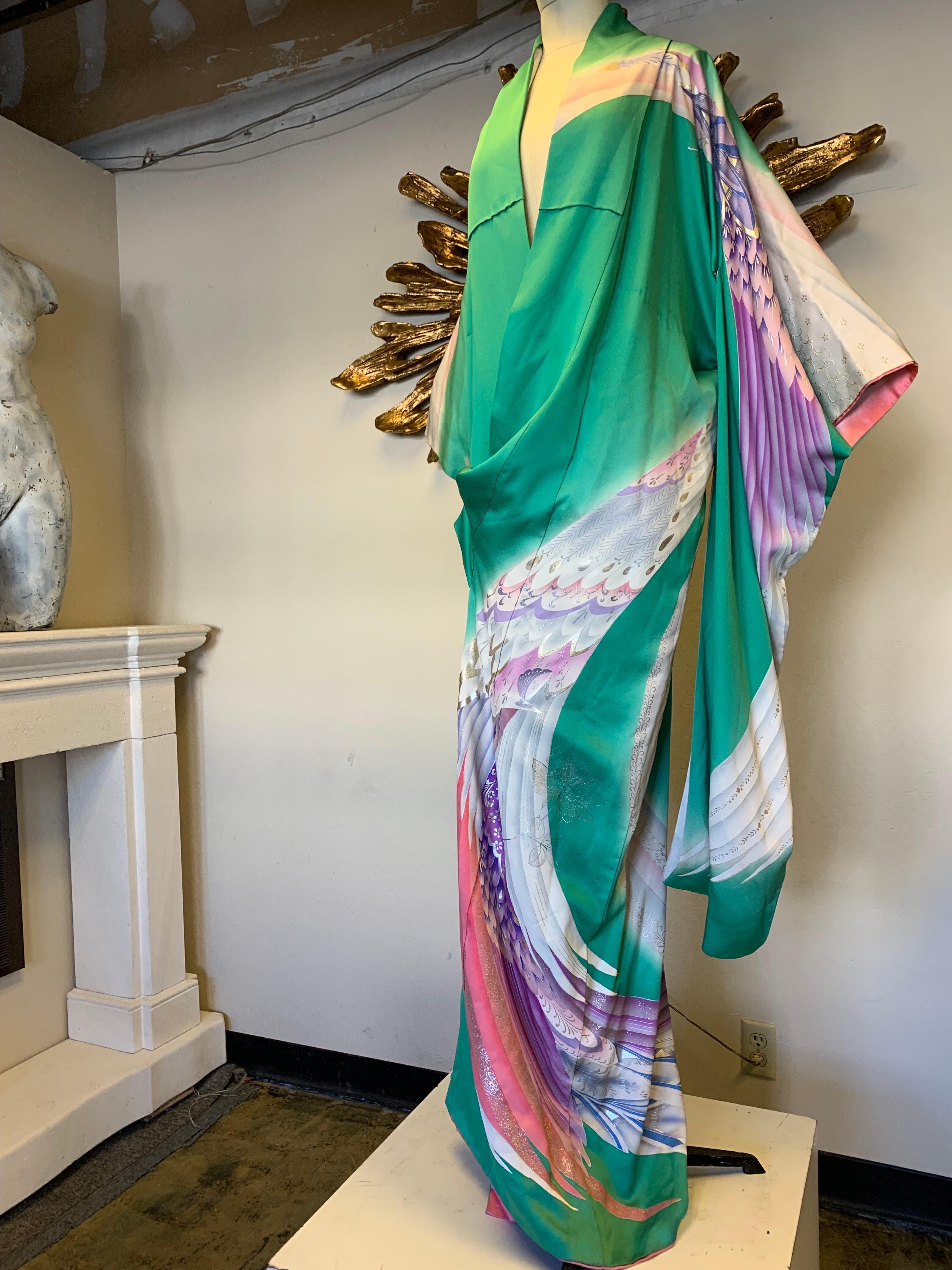 Vintage Kimono Jade Green Silk w Dramatic Airbrushed Wing Motif in ...