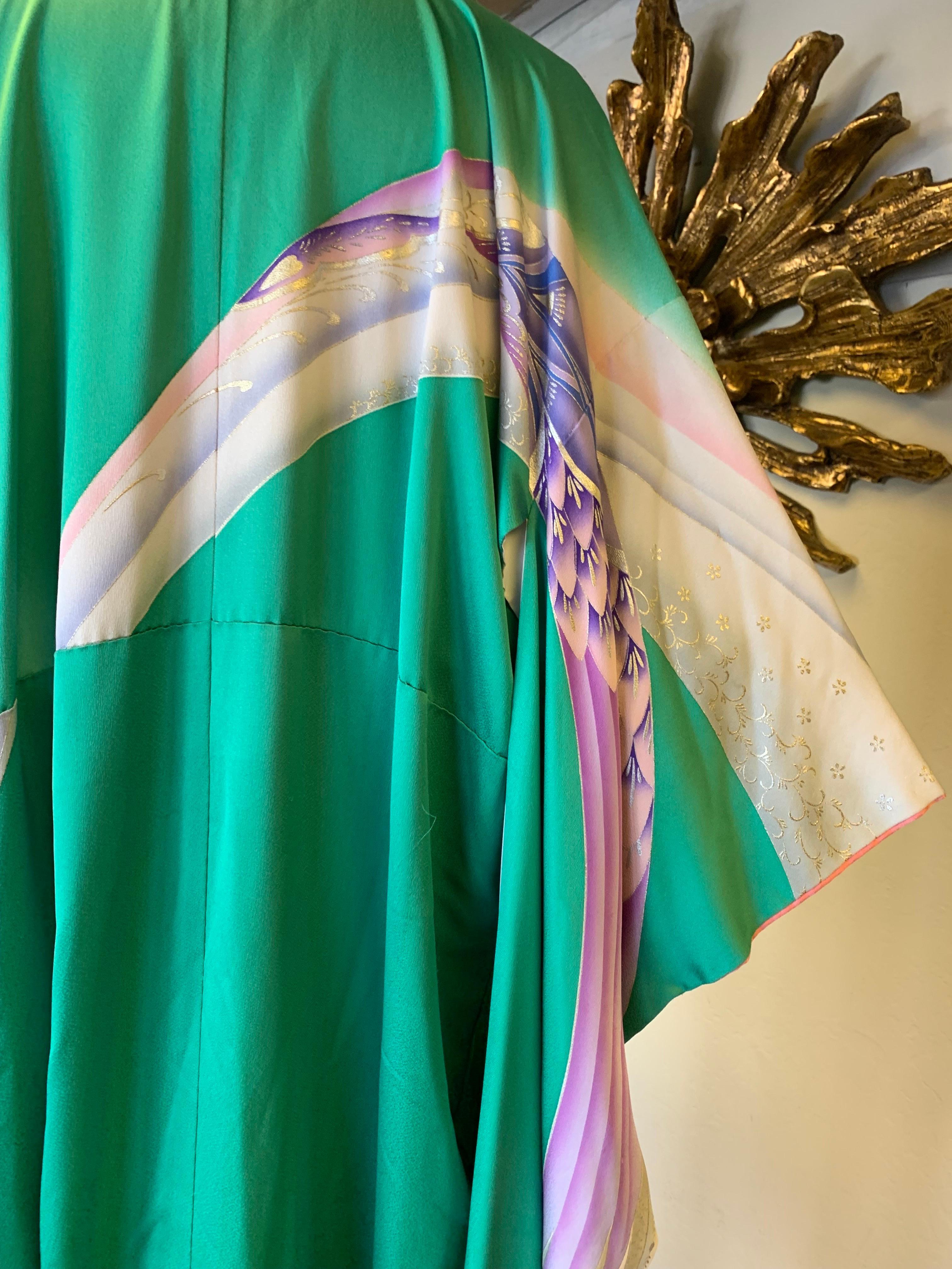 Vintage Kimono Jade Green Silk w Dramatic Airbrushed Wing Motif in ...